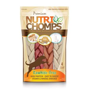 nutrichomps dog chews, 6-inch braids, easy to digest, rawhide-free dog treats, healthy, real chicken, peanut butter and milk flavors, pack of 4