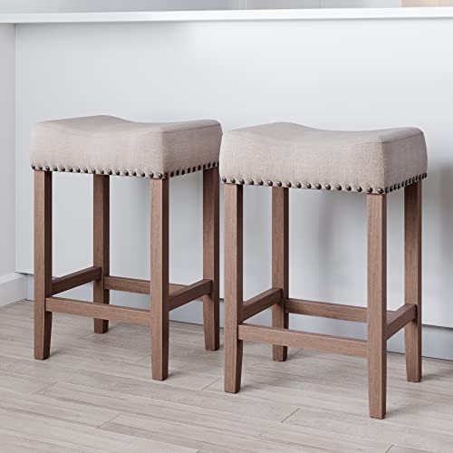 Nathan James Hylie Nailhead Wood Pub-Height Kitchen Counter Bar Stool 24", Beige/Light Brown