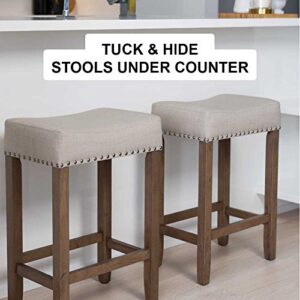 Nathan James Hylie Nailhead Wood Pub-Height Kitchen Counter Bar Stool 24", Beige/Light Brown