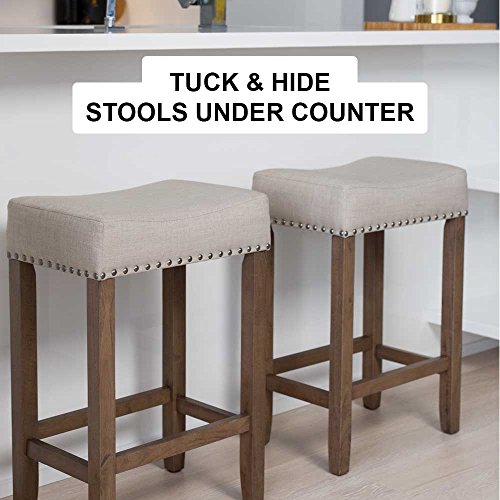 Nathan James Hylie Nailhead Wood Pub-Height Kitchen Counter Bar Stool 24", Beige/Light Brown