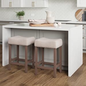 Nathan James Hylie Nailhead Wood Pub-Height Kitchen Counter Bar Stool 24", Beige/Light Brown