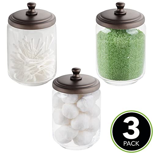 mDesign Small Modern Apothecary Storage Organizer Canister Jars - Glass Containers for Bathroom, Organization Holder for Vanity, Counter, Makeup Table, Hyde Collection, 3 Pack, Clear/Bronze