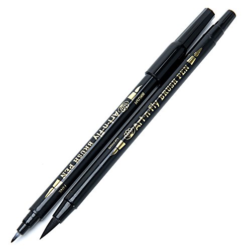 Art-n-Fly 2 Pack Dual Tip Black Brush Pens for Lettering Calligraphy Pen. Fine and Large Black Brush Marker for Drawing