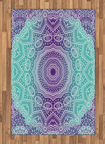 Ambesonne Purple and Turquoise Area Rug, Hippie Ombre Mandala Inner Peace and Meditation with Ornamental Art, Flat Woven Accent Rug for Living Room Bedroom Dining Room, 4' X 5.7', Purple Aqua