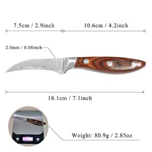 3-Inch Damascus Paring Knife with Damascus Steel Tourne Knife Curving Blade and Pakkawood Handle, Sharp Fruit Peeling Knife Perfect for Slicing and Trimming