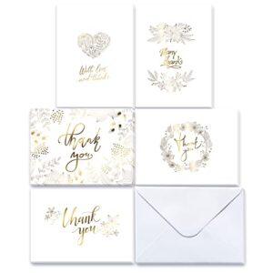 fresh & lucky 50 elegant thank you assorted blank cards with envelopes - classic multiple golden and silver floral print stylish design on white thick paper - perfect for weddings, business events, invitations, memorial donations, funeral contributions, b