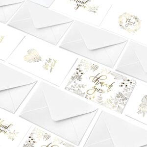 Fresh & Lucky 50 Elegant Thank You Assorted Blank Cards With Envelopes - Classic Multiple Golden and Silver Floral Print Stylish Design on White Thick Paper - Perfect For Weddings, Business Events, Invitations, Memorial Donations, Funeral Contributions, B