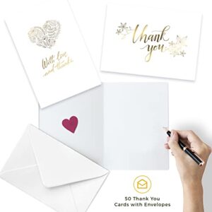 Fresh & Lucky 50 Elegant Thank You Assorted Blank Cards With Envelopes - Classic Multiple Golden and Silver Floral Print Stylish Design on White Thick Paper - Perfect For Weddings, Business Events, Invitations, Memorial Donations, Funeral Contributions, B