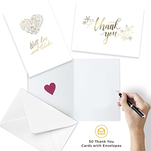 Fresh & Lucky 50 Elegant Thank You Assorted Blank Cards With Envelopes - Classic Multiple Golden and Silver Floral Print Stylish Design on White Thick Paper - Perfect For Weddings, Business Events, Invitations, Memorial Donations, Funeral Contributions, B