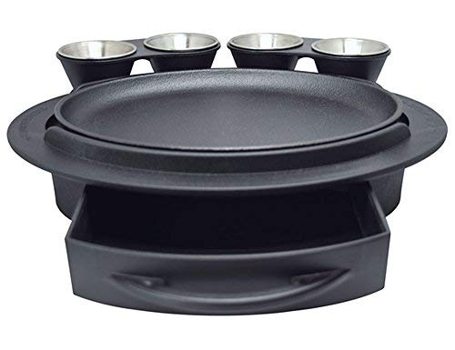 The Fajita Butler!! Patented Tortilla Drawer, repositionable Condiment Holders, high Temp Base (500 Degrees), Cast Iron Skillet & (4) Stainless Steel ramekins. Restaurant Size and Quality.