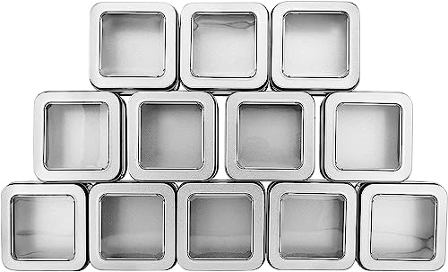 Cornucopia Square Silver Metal Tins w/View Window (12-Pack); Empty 1/2 Cup / 4-Ounce Capacity Clear Top Metal Boxes Great for Candles, Candies, Gifts