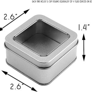 Cornucopia Square Silver Metal Tins w/View Window (12-Pack); Empty 1/2 Cup / 4-Ounce Capacity Clear Top Metal Boxes Great for Candles, Candies, Gifts