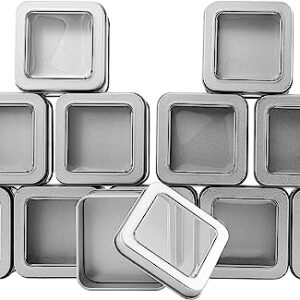 Cornucopia Square Silver Metal Tins w/View Window (12-Pack); Empty 1/2 Cup / 4-Ounce Capacity Clear Top Metal Boxes Great for Candles, Candies, Gifts