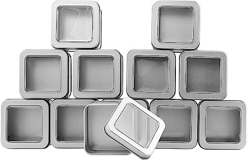 Cornucopia Square Silver Metal Tins w/View Window (12-Pack); Empty 1/2 Cup / 4-Ounce Capacity Clear Top Metal Boxes Great for Candles, Candies, Gifts