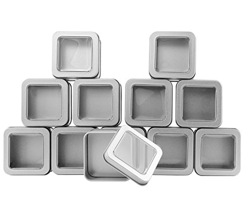 Cornucopia Square Silver Metal Tins w/View Window (12-Pack); Empty 1/2 Cup / 4-Ounce Capacity Clear Top Metal Boxes Great for Candles, Candies, Gifts