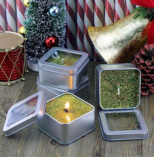 Cornucopia Square Silver Metal Tins w/View Window (12-Pack); Empty 1/2 Cup / 4-Ounce Capacity Clear Top Metal Boxes Great for Candles, Candies, Gifts