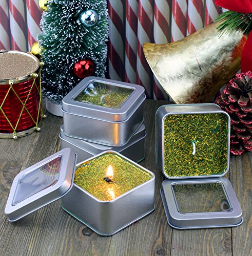 Cornucopia Square Silver Metal Tins w/View Window (12-Pack); Empty 1/2 Cup / 4-Ounce Capacity Clear Top Metal Boxes Great for Candles, Candies, Gifts