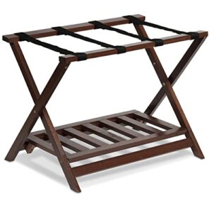 pj wood foldable luggage rack with shelf - walnut