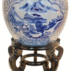 Oriental Furnishings Blue and White Porcelain Garden Pots Painted Landscape (12" W x 9" H/Inside Rim 9.25/Base 8.5)