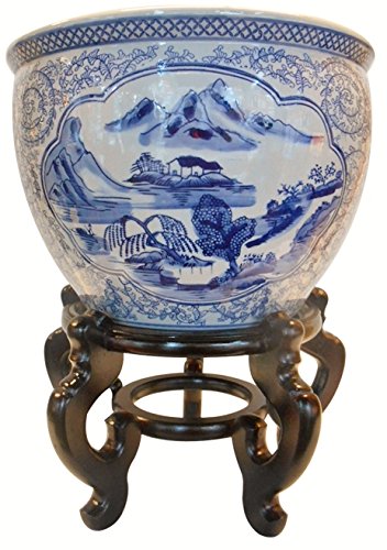 Oriental Furnishings Blue and White Porcelain Garden Pots Painted Landscape (12" W x 9" H/Inside Rim 9.25/Base 8.5)