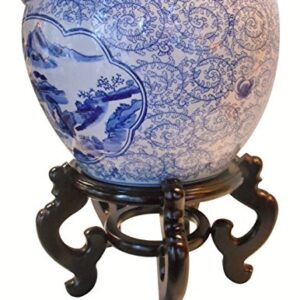 Oriental Furnishings Blue and White Porcelain Garden Pots Painted Landscape (12" W x 9" H/Inside Rim 9.25/Base 8.5)