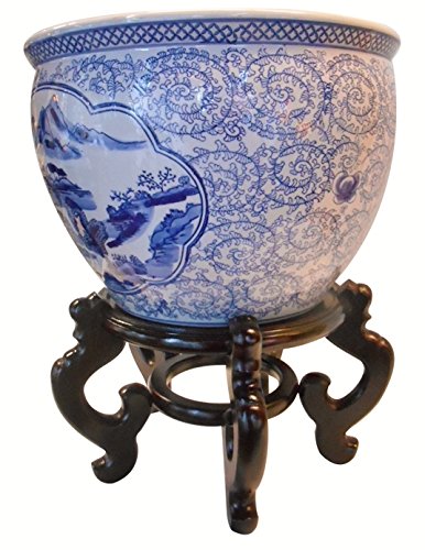 Oriental Furnishings Blue and White Porcelain Garden Pots Painted Landscape (12" W x 9" H/Inside Rim 9.25/Base 8.5)