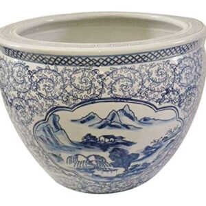 Oriental Furnishings Blue and White Porcelain Garden Pots Painted Landscape (12" W x 9" H/Inside Rim 9.25/Base 8.5)