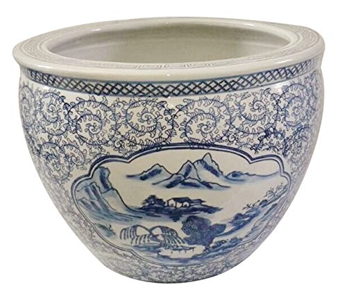 Oriental Furnishings Blue and White Porcelain Garden Pots Painted Landscape (12" W x 9" H/Inside Rim 9.25/Base 8.5)