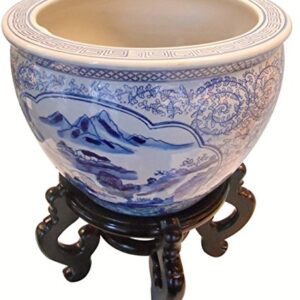 Oriental Furnishings Blue and White Porcelain Garden Pots Painted Landscape (12" W x 9" H/Inside Rim 9.25/Base 8.5)