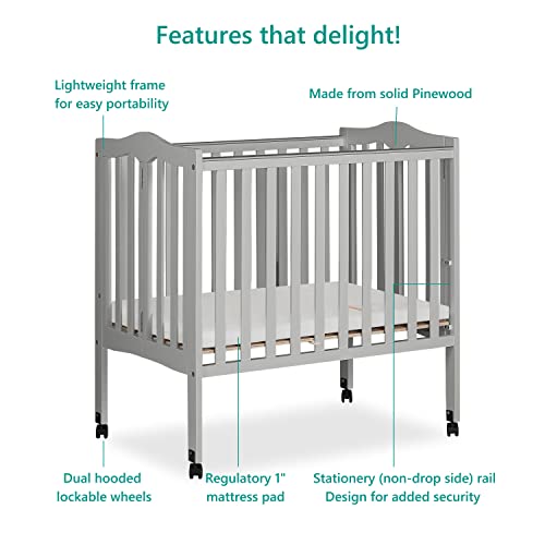 Dream On Me 2-in-1 Lightweight Folding Portable Stationary Side Crib in Pebble Grey, Greenguard Gold Certified, Baby Crib to Playpen, Folds Flat for Storage, Locking Wheels