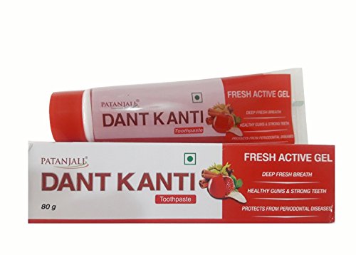 Patanjali Dant Kanti Fresh Active Gel Toothpaste - Healthy Gums & Strong Teeth - 80g (Pack of 2)