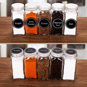 SWOMMOLY 25 Glass Spice Jars with 703 Spice Labels, Chalk Marker and Funnel Complete Set. 25 Square Glass Jars 4OZ, Airtight Cap, Pour/sift Shaker Lid