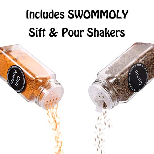 SWOMMOLY 25 Glass Spice Jars with 703 Spice Labels, Chalk Marker and Funnel Complete Set. 25 Square Glass Jars 4OZ, Airtight Cap, Pour/sift Shaker Lid