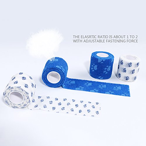 Pet Bandage Cohesive Bandage Self Adhering Stick Bandage, Multi-Function Non-Woven Fabric Elasticity Gauze Rolls Self Adhering Stick Bandage Wrap Vet Tape for Pet Animals (White and Blue)