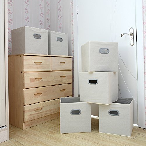 MAX Houser Fabric Storage Bins Cubes Baskets Containers with Dual Plastic Handles for Home Closet Bedroom Drawers Organizers, Flodable, Beige, Set of 6 (Beige)