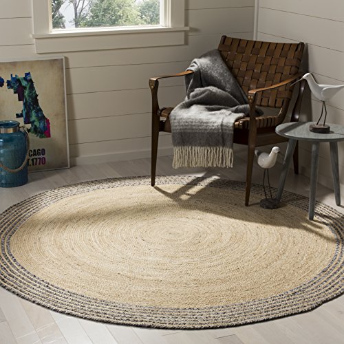 SAFAVIEH Cape Cod Collection Area Rug - 6' Round, Ivory & Steel Grey, Handmade Braided Jute, Ideal for High Traffic Areas in Living Room, Bedroom (CAP204C)