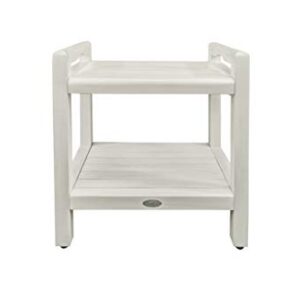 EcoDecors Coastal Vogue White Wash Eleganto 20" Teak Shower Stool with LiftAid Arms and Shelf