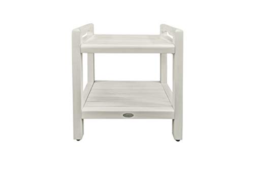 EcoDecors Coastal Vogue White Wash Eleganto 20" Teak Shower Stool with LiftAid Arms and Shelf