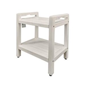 EcoDecors Coastal Vogue White Wash Eleganto 20" Teak Shower Stool with LiftAid Arms and Shelf