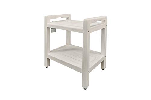 EcoDecors Coastal Vogue White Wash Eleganto 20" Teak Shower Stool with LiftAid Arms and Shelf