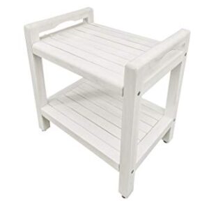 EcoDecors Coastal Vogue White Wash Eleganto 20" Teak Shower Stool with LiftAid Arms and Shelf