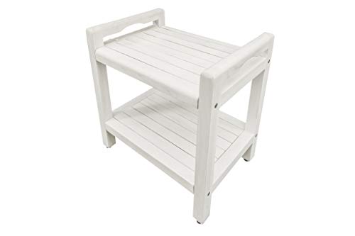 EcoDecors Coastal Vogue White Wash Eleganto 20" Teak Shower Stool with LiftAid Arms and Shelf