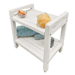 EcoDecors Coastal Vogue White Wash Eleganto 20" Teak Shower Stool with LiftAid Arms and Shelf