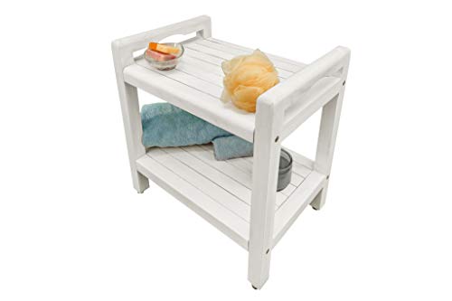 EcoDecors Coastal Vogue White Wash Eleganto 20" Teak Shower Stool with LiftAid Arms and Shelf