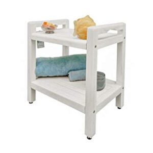 EcoDecors Coastal Vogue White Wash Eleganto 20" Teak Shower Stool with LiftAid Arms and Shelf