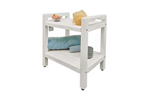 EcoDecors Coastal Vogue White Wash Eleganto 20" Teak Shower Stool with LiftAid Arms and Shelf