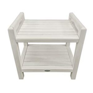 EcoDecors Coastal Vogue White Wash Eleganto 20" Teak Shower Stool with LiftAid Arms and Shelf