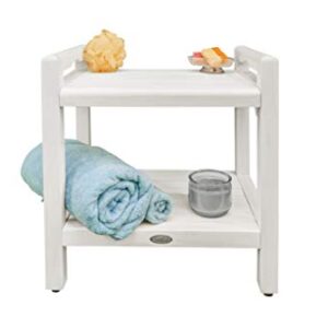 EcoDecors Coastal Vogue White Wash Eleganto 20" Teak Shower Stool with LiftAid Arms and Shelf