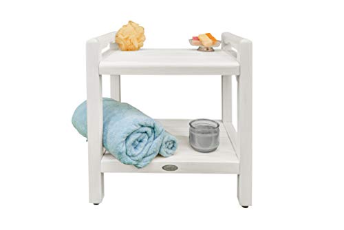 EcoDecors Coastal Vogue White Wash Eleganto 20" Teak Shower Stool with LiftAid Arms and Shelf