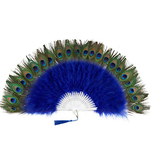 BABEYOND Roaring 20s Vintage Style Peacock & Black Marabou Feather Fan Flapper Accessories (Blue-White Rib)